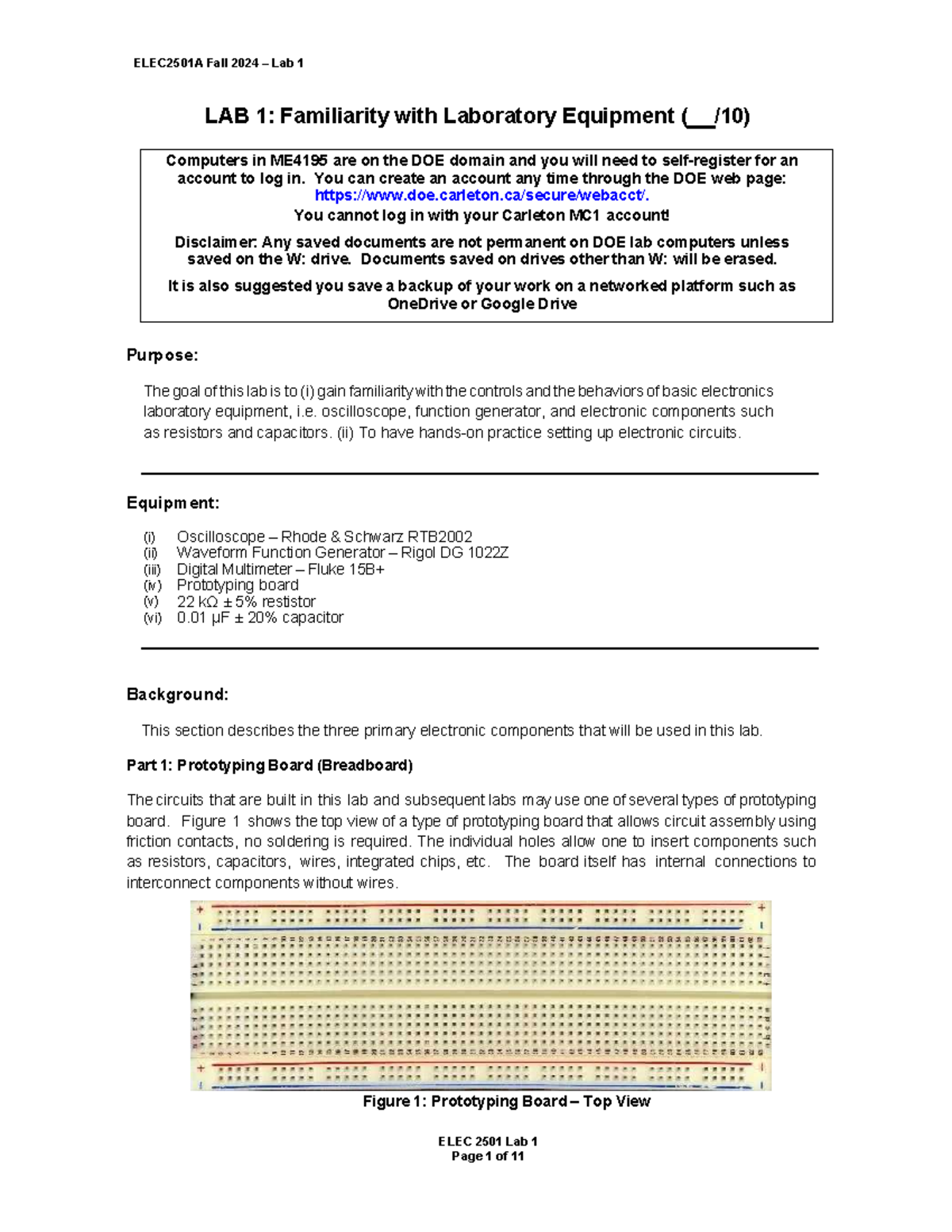 ELEC2501-Fall 2024-Lab-12 - ELEC 2501 Lab 1 LAB 1: Familiarity with Laboratory Equipment ( /10 ...