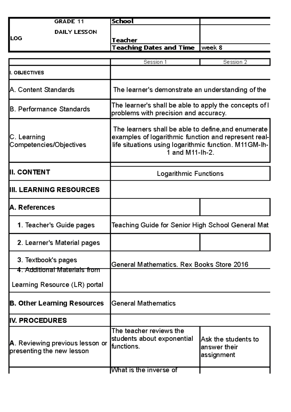 General math dll for shs week 08 - GRADE 11 DAILY LESSON LOG School ...