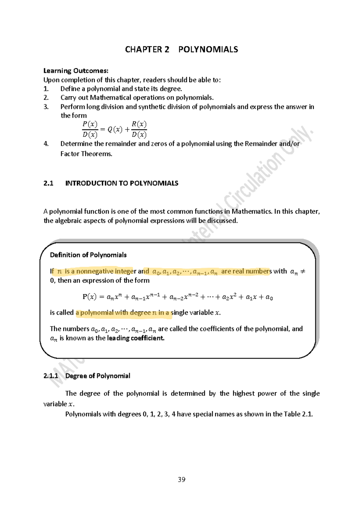 CH2 Polynomial 210930 220449 - Definition of Polynomials If 𝑛 is a nonnegative integer and 𝑎 0 ...