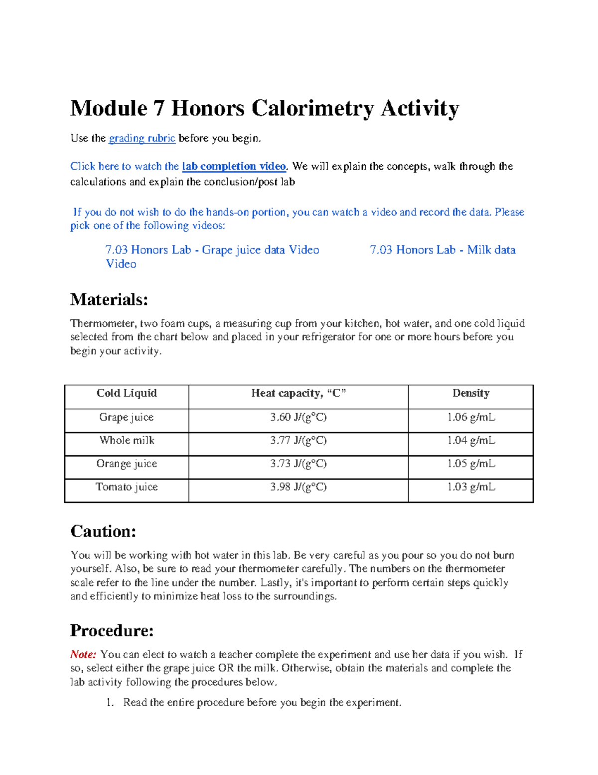 7.03H Calorimetry - sadasdas - Module 7 Honors Calorimetry Activity Use ...