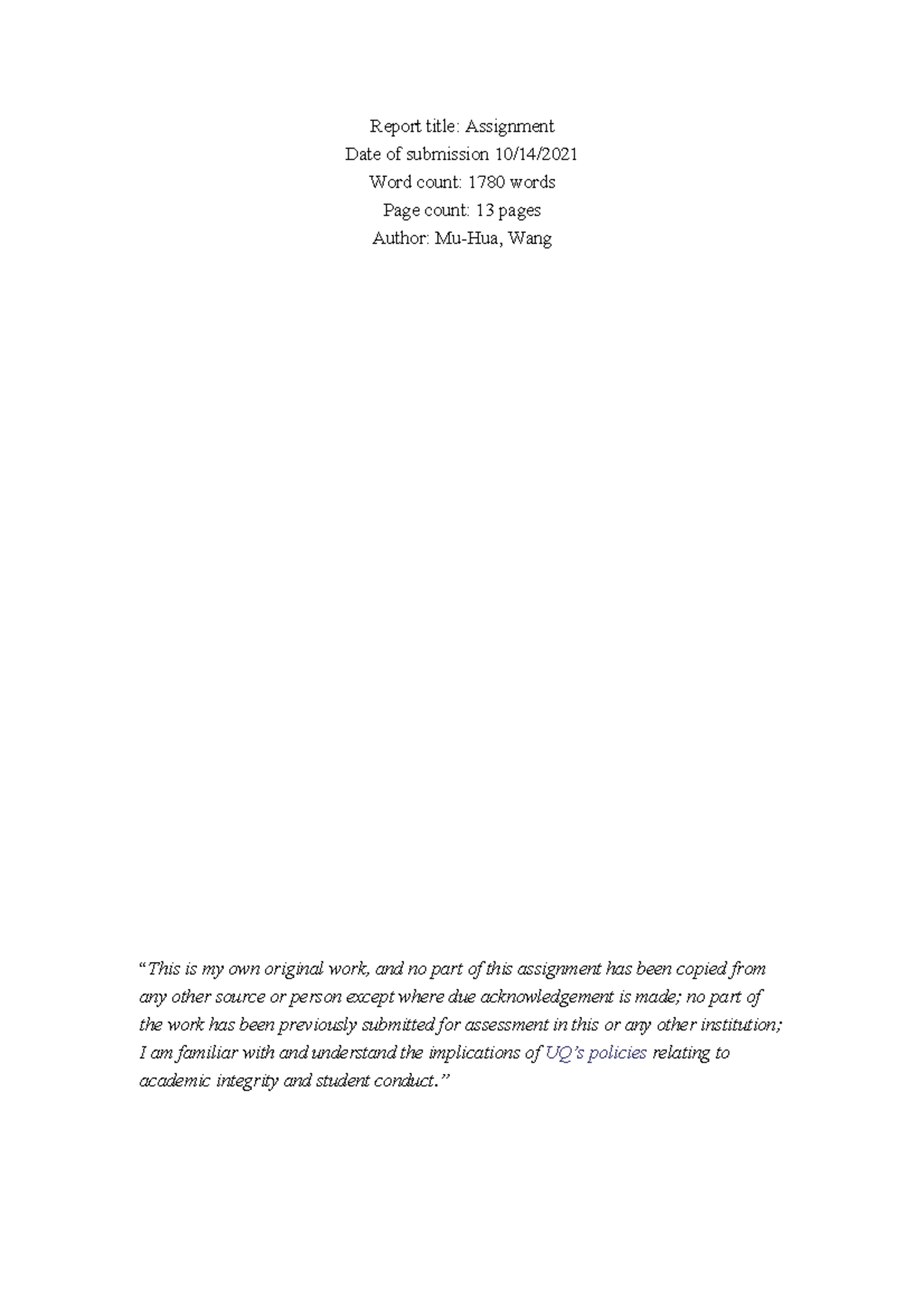 FINM7407 Assignment Final Report - Report title: Assignment Date of ...