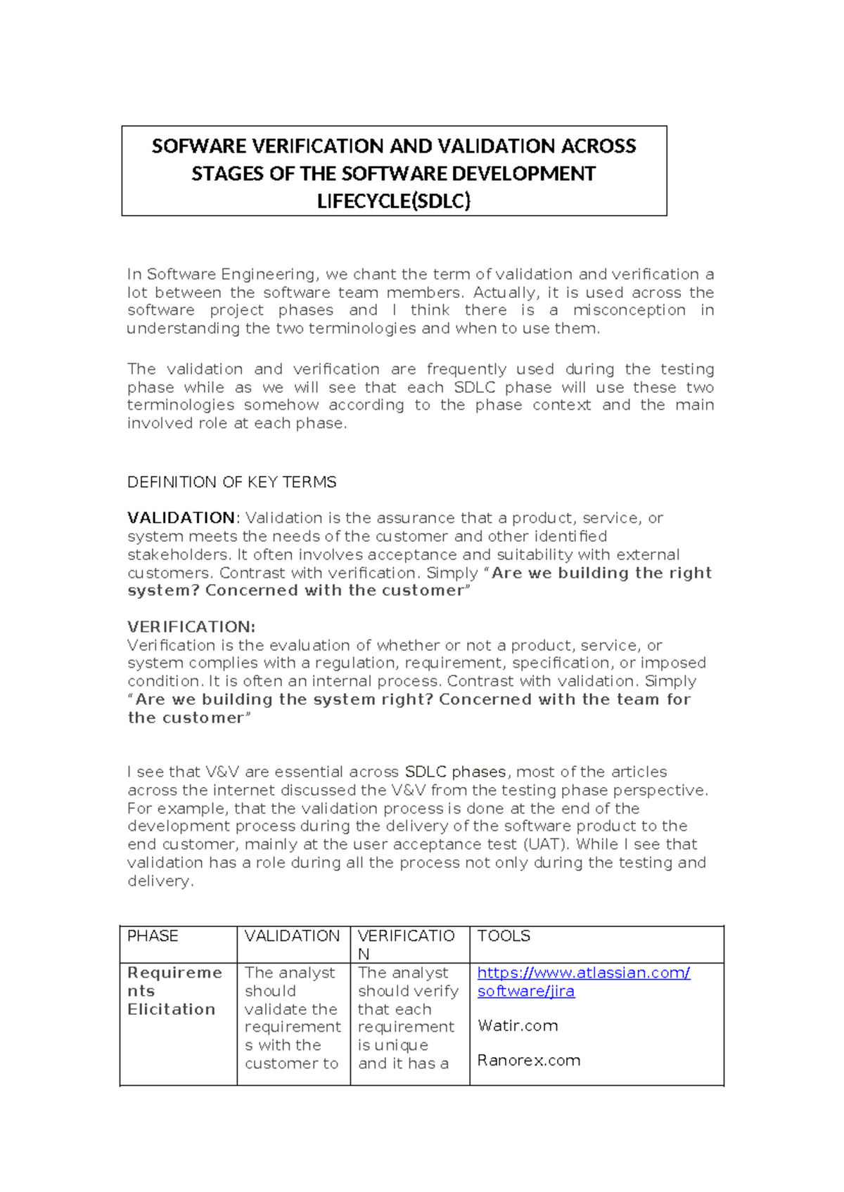 Sdlc work - In Software Engineering, we chant the term of validation ...