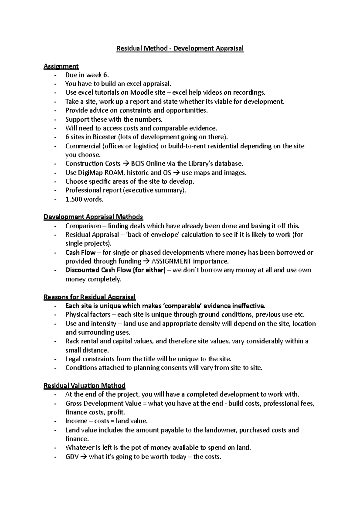 Development Appraisal Residual Method Residual Method Development