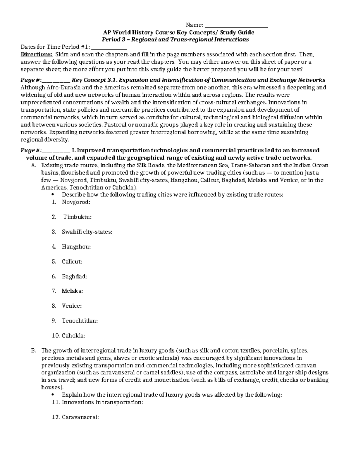 600-1450 Study Guide - Name: ___________________________ AP World ...