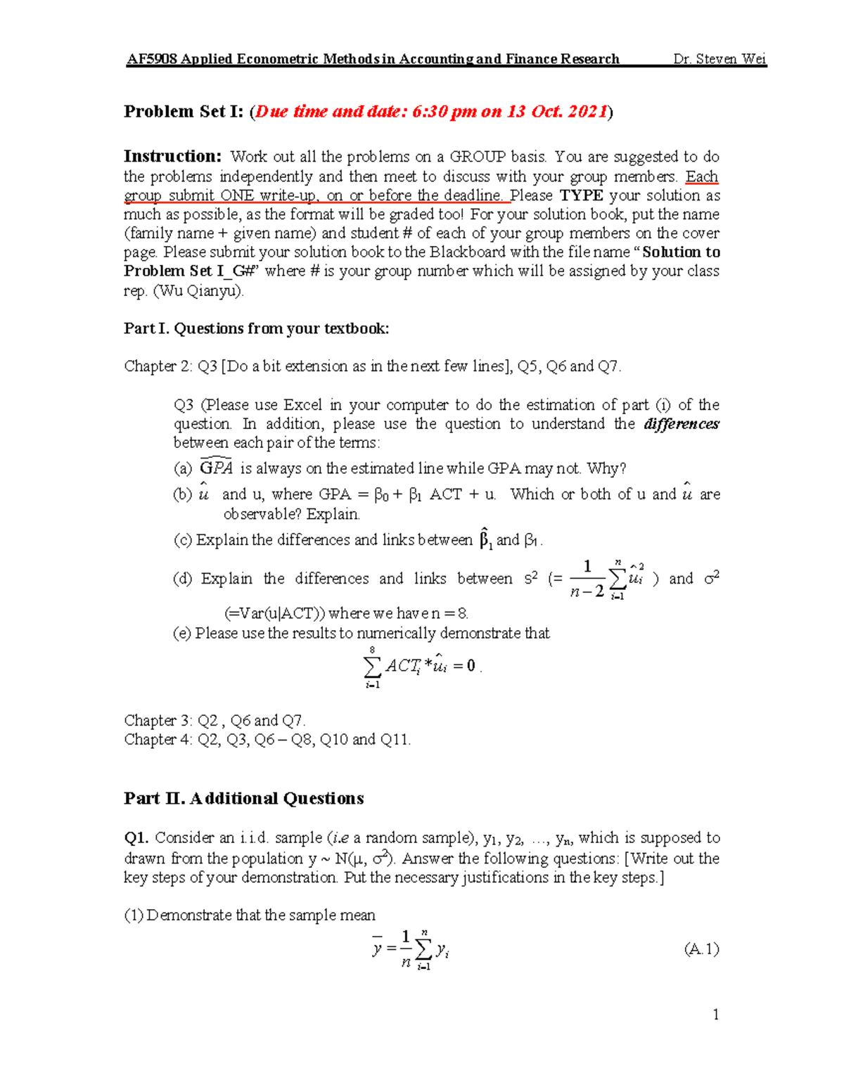 Problem Set I 2021 of econometrics - Problem Set I: (Due time and date ...