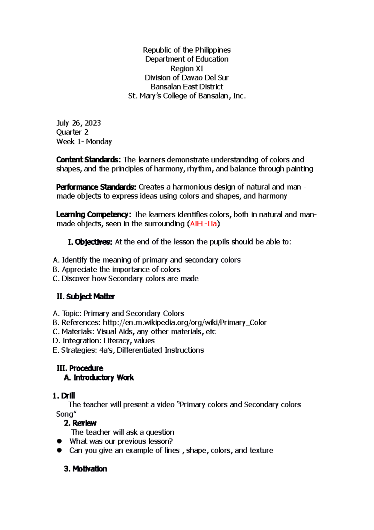 Primary and secondary lesson plan - Republic of the Philippines ...