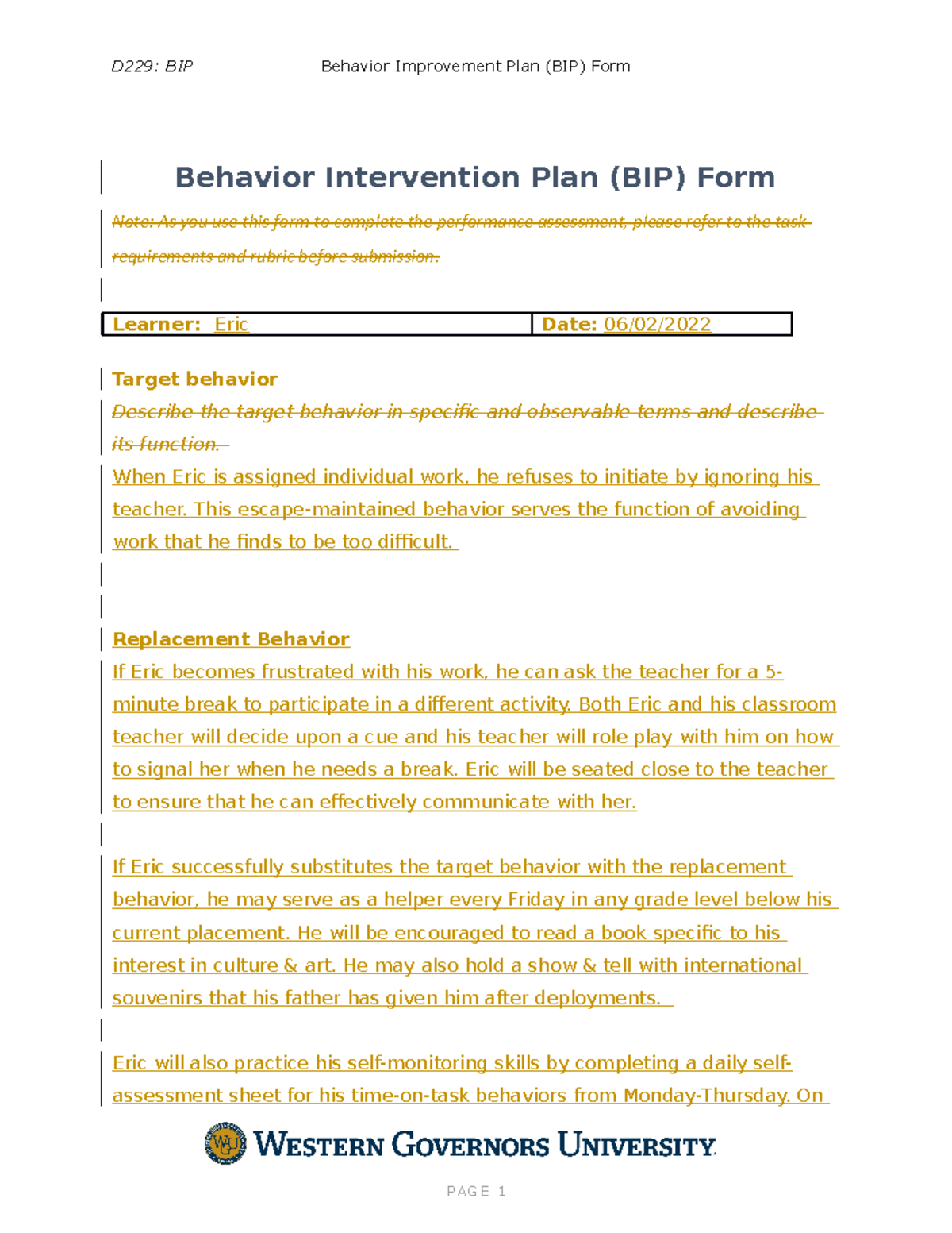 Johnson BIP - Task 1 performance assessment for BIP/ FBA - Behavior ...