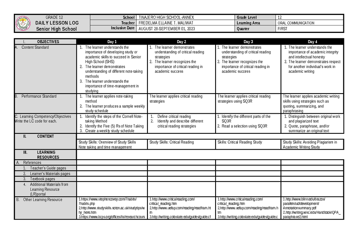 DLL-3Is-WEEK 1(SY 23-24) - GRADE 12 DAILY LESSON LOG Senior High School ...