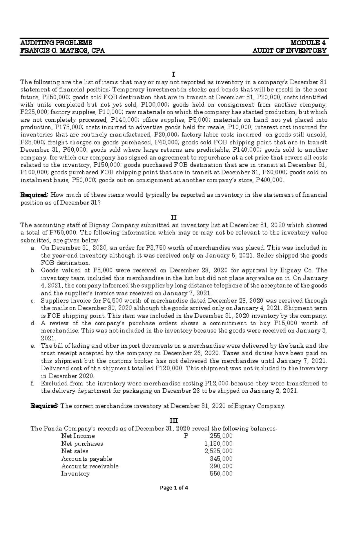 Module 4 - Audit of Inventory - AUDITING PROBLEMS MODULE 4 FRANCIS O ...