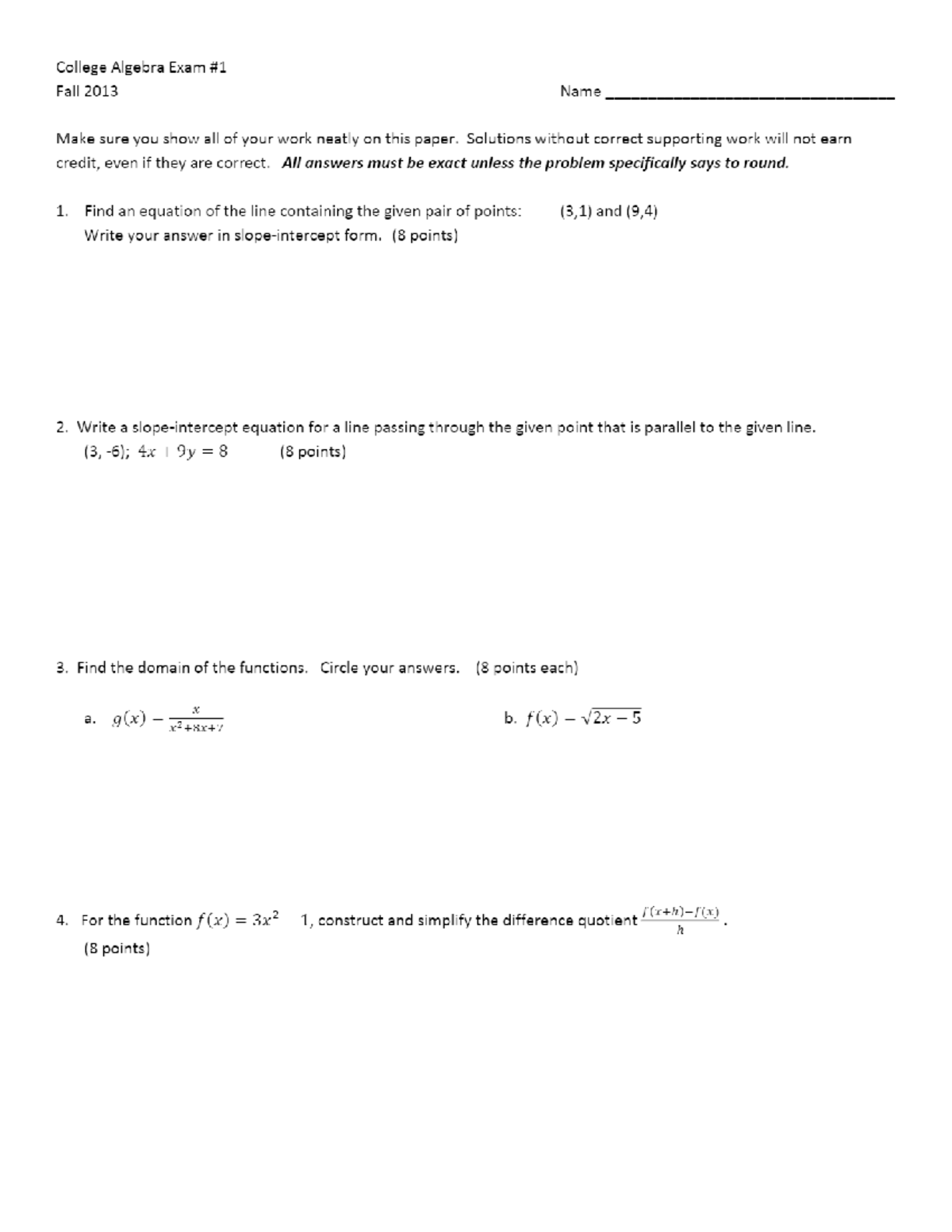 College Algebra Exam #1 Fall 2013 Name - MATH-121-46479 - Studocu