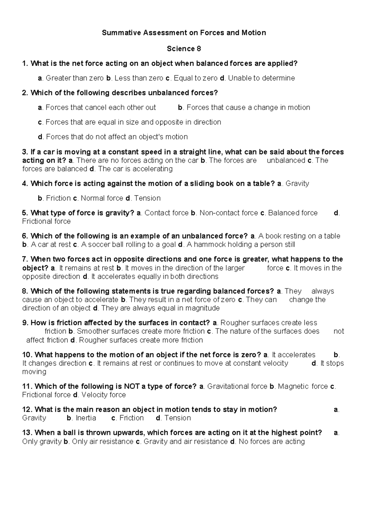 Science 8 Quiz 1 - Quiz - Summative Assessment on Forces and Motion ...
