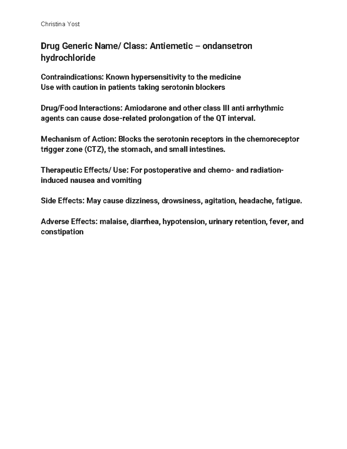 Zofran - Medication template - Christina Yost Drug Generic Name/ Class ...