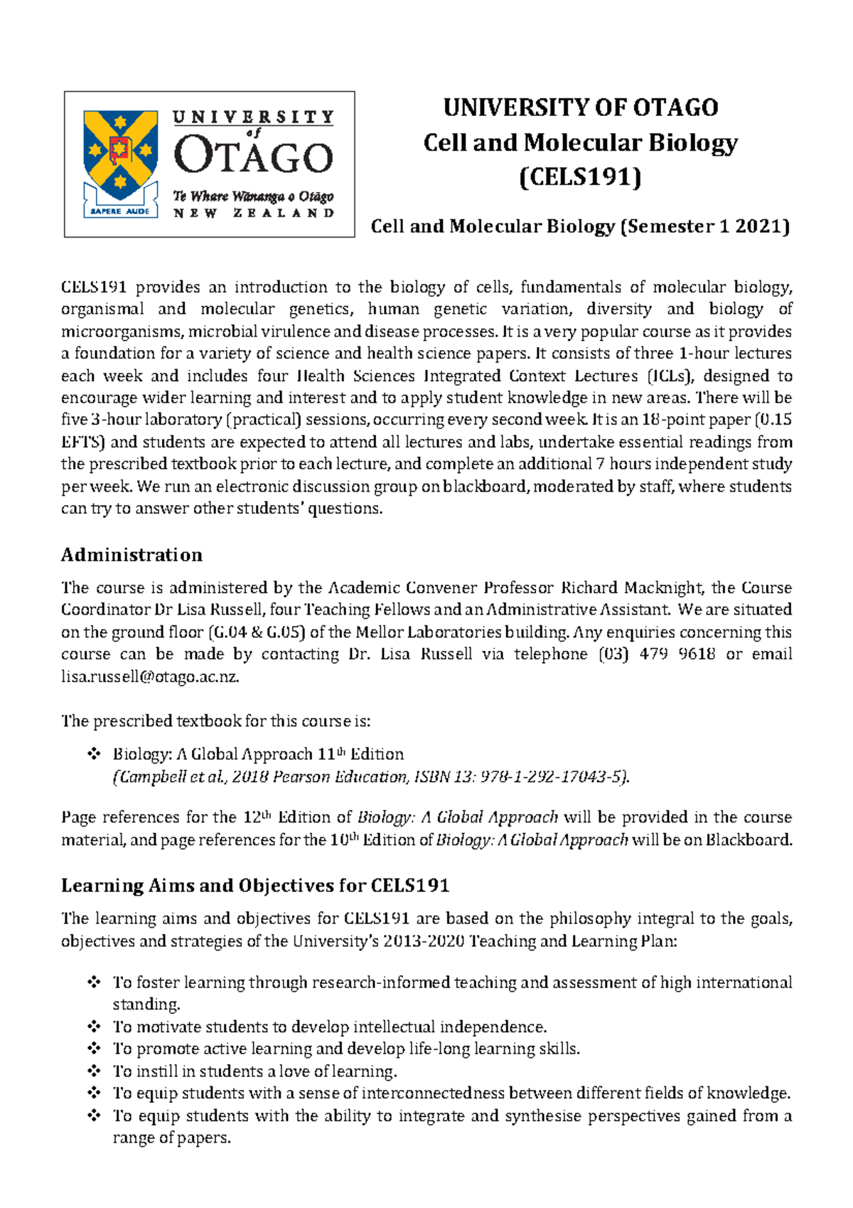 CELS191 course outline for 2021 classes - Cellular Biology - University of Otago - Studocu