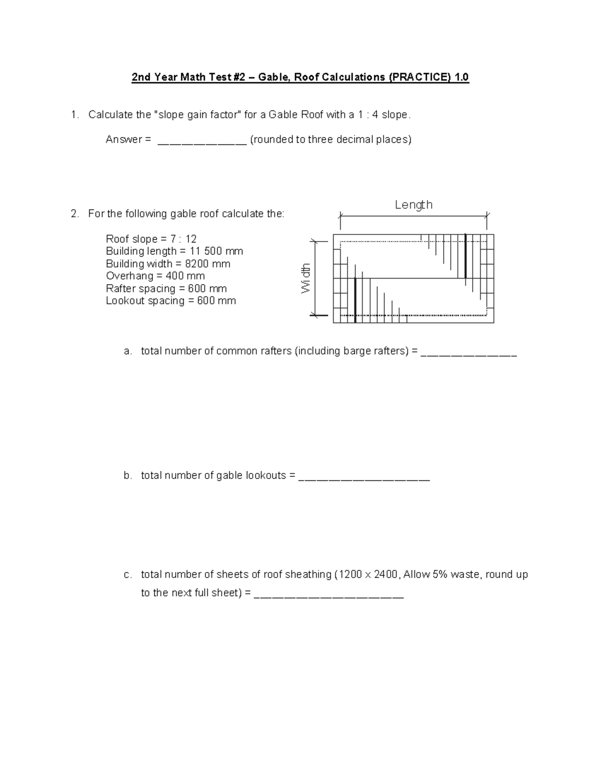 2nd Yr Math Test 3 - Gable Roof Calculations - Practice 1 - 2nd Year ...