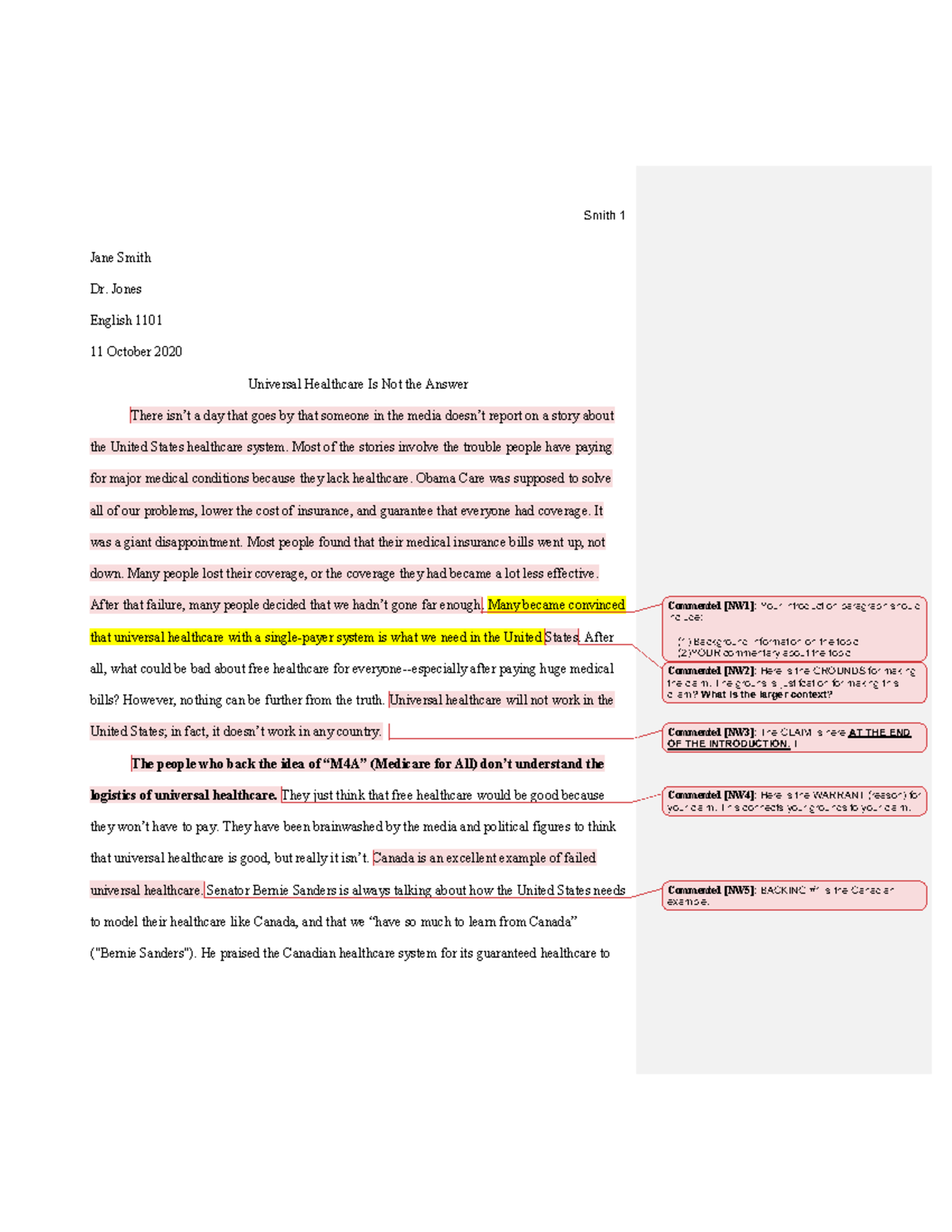 Sample Toulmin Paper Healthcare - Jane Smith Dr. Jones English 1101 11 ...