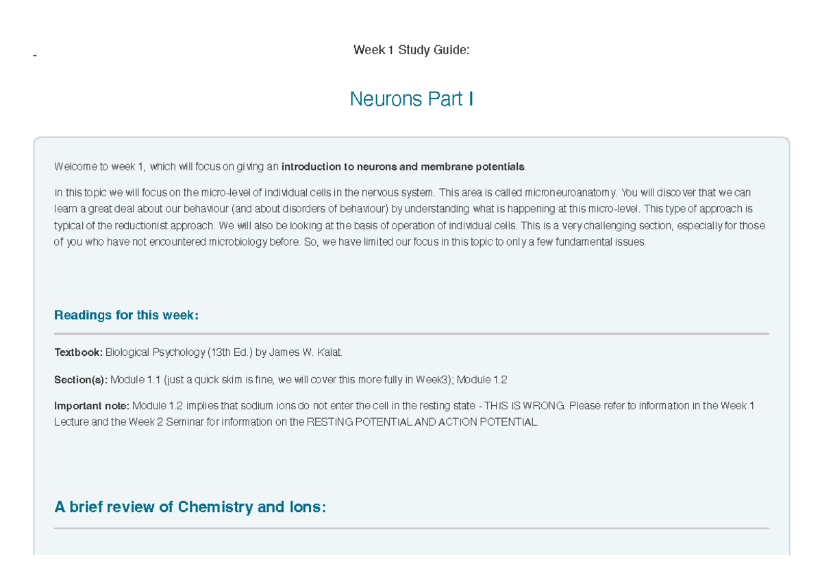 Neurons Part I study guide Deakin - Week 1 Study Guide: Neurons Part I ...