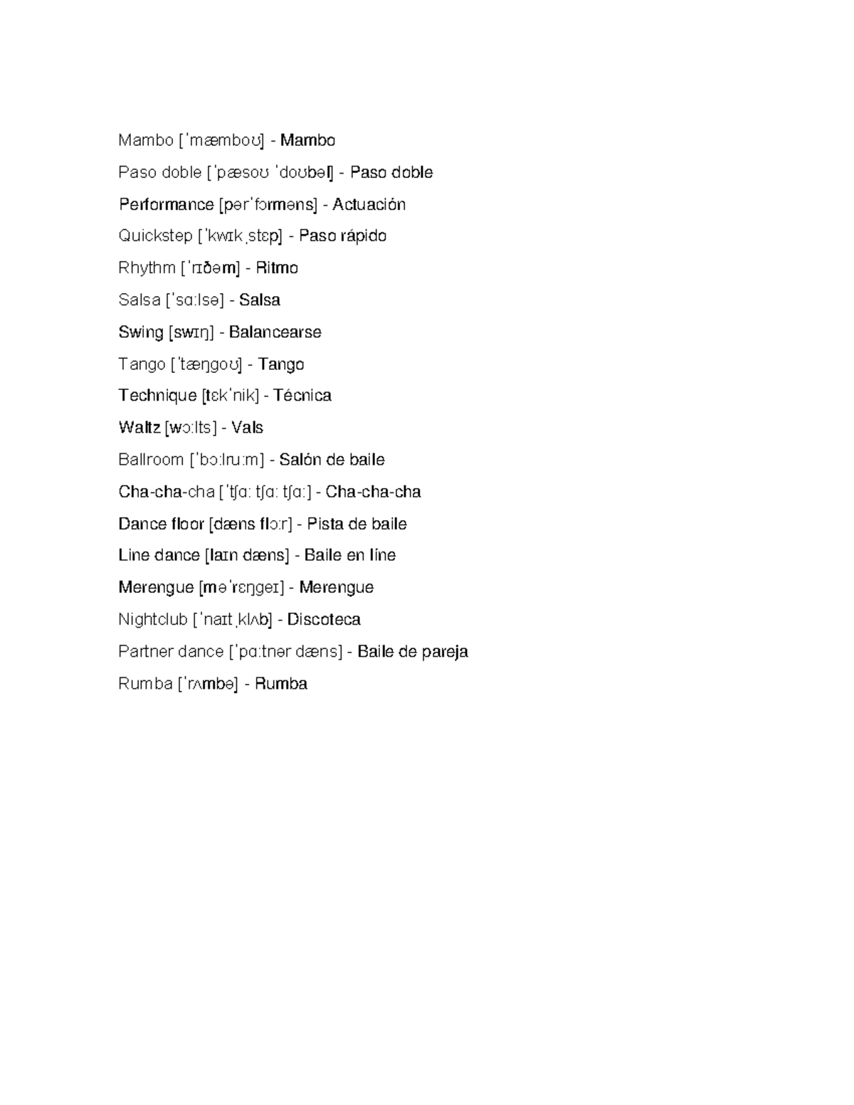 Dance Vocabulary - Ingles - Mambo [ˈmæmboʊ] - Mambo Paso doble [ˈpæsoʊ ...