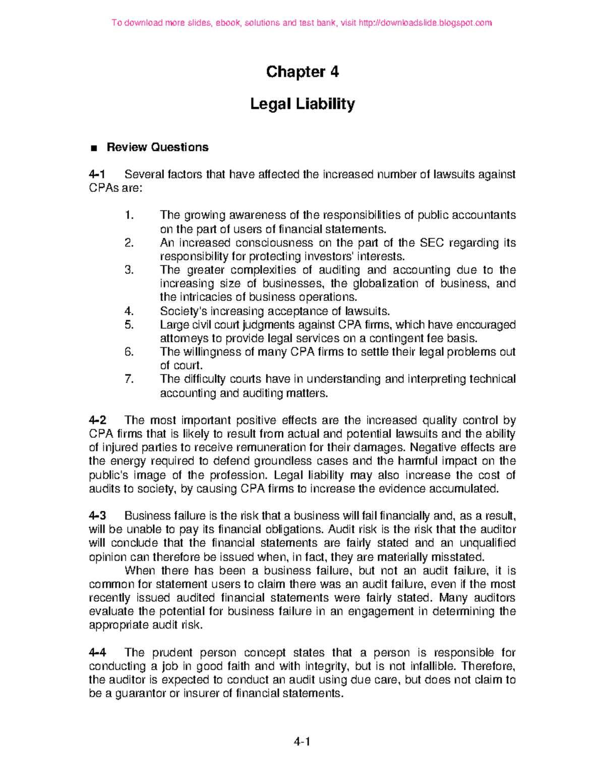 Auditing And Assurance Chapter 04 solution manual - Chapter 4 Legal Liability Review Questions 4 ...