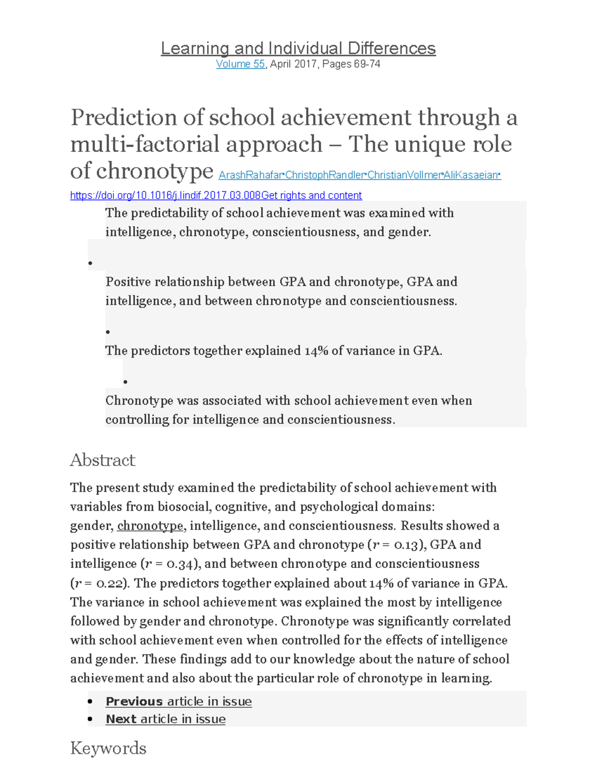 Learning And Individual Differences Journal