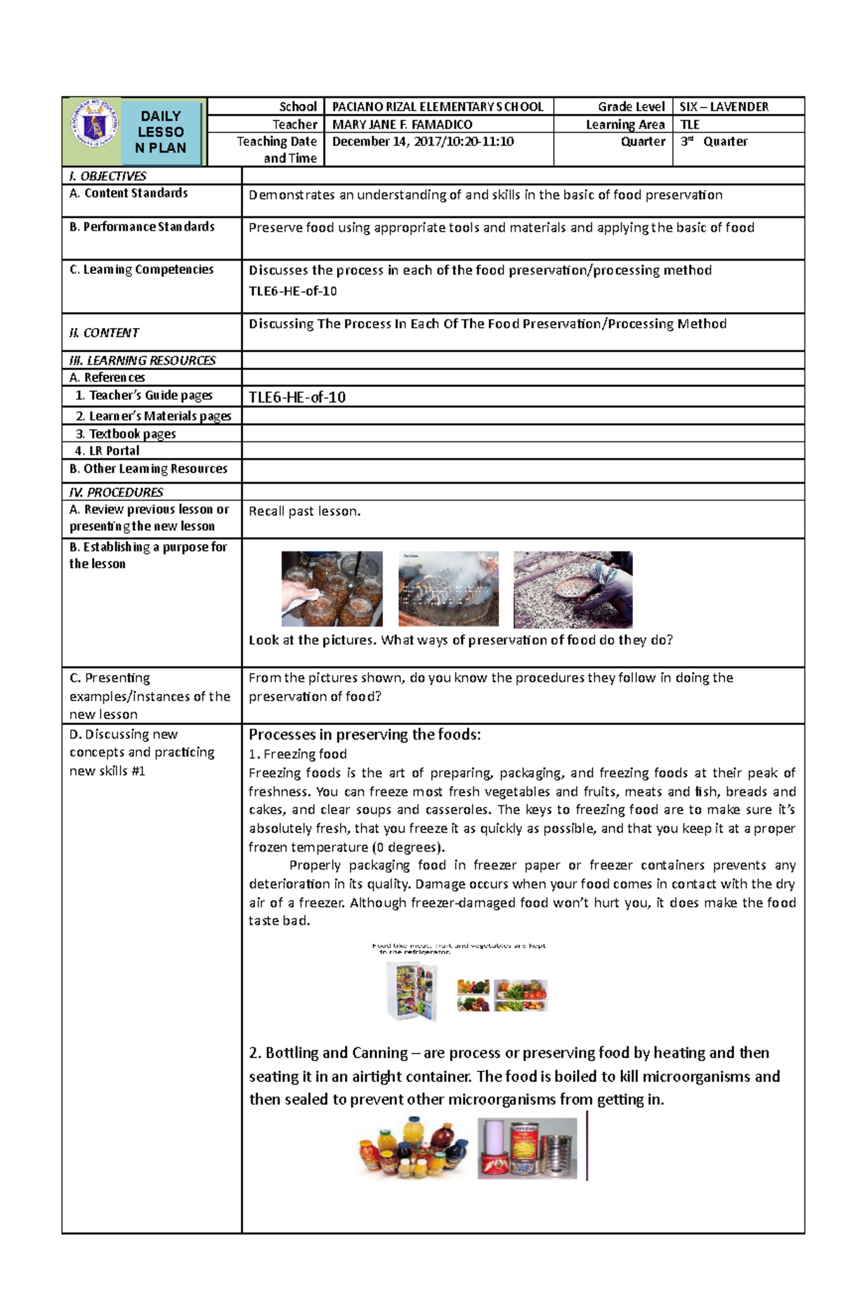 Processes IN Preserving FOOD 1 - School PACIANO RIZAL ELEMENTARY SCHOOL ...