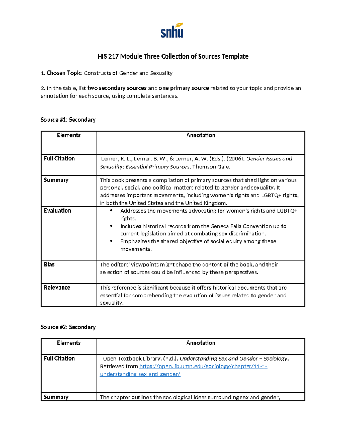 HIS 217 Module Three Collection of Sources Template - Chosen Topic ...
