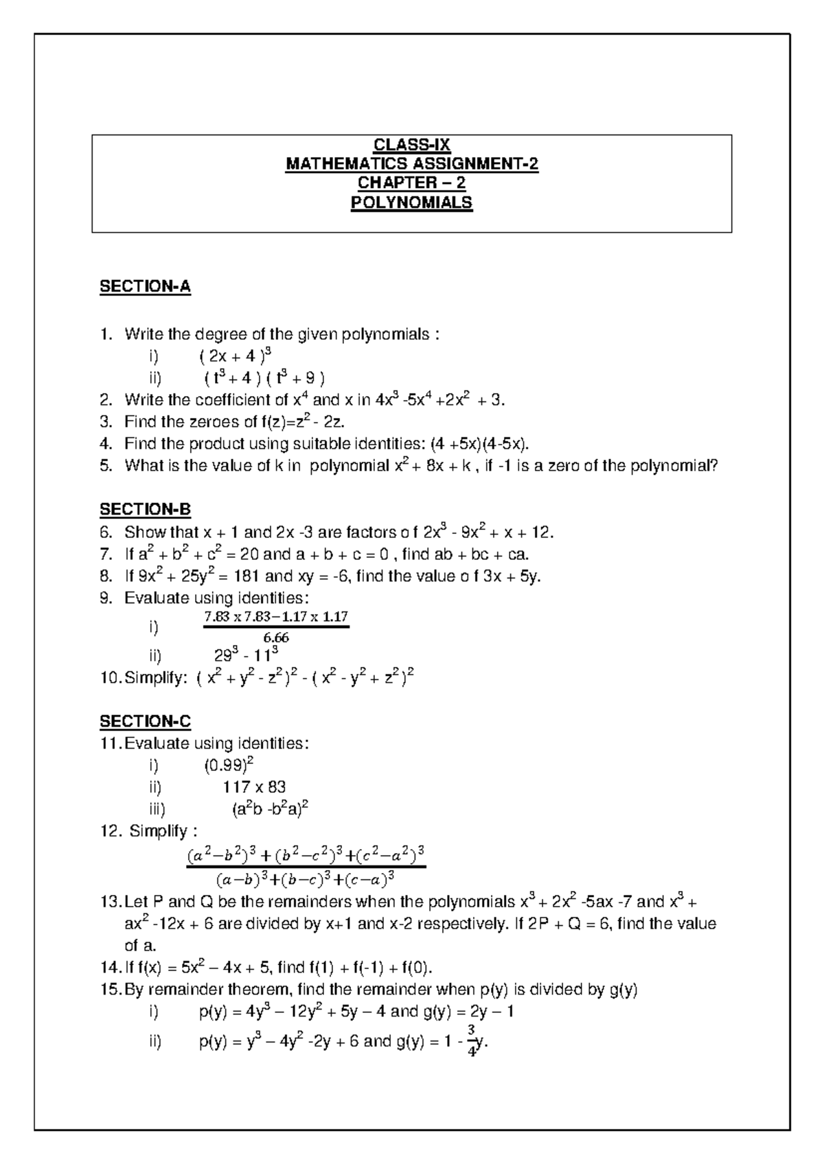 CH-2- Polynomials - sadadf - CLASS-IX MATHEMATICS ASSIGNMENT- 2 CHAPTER ...