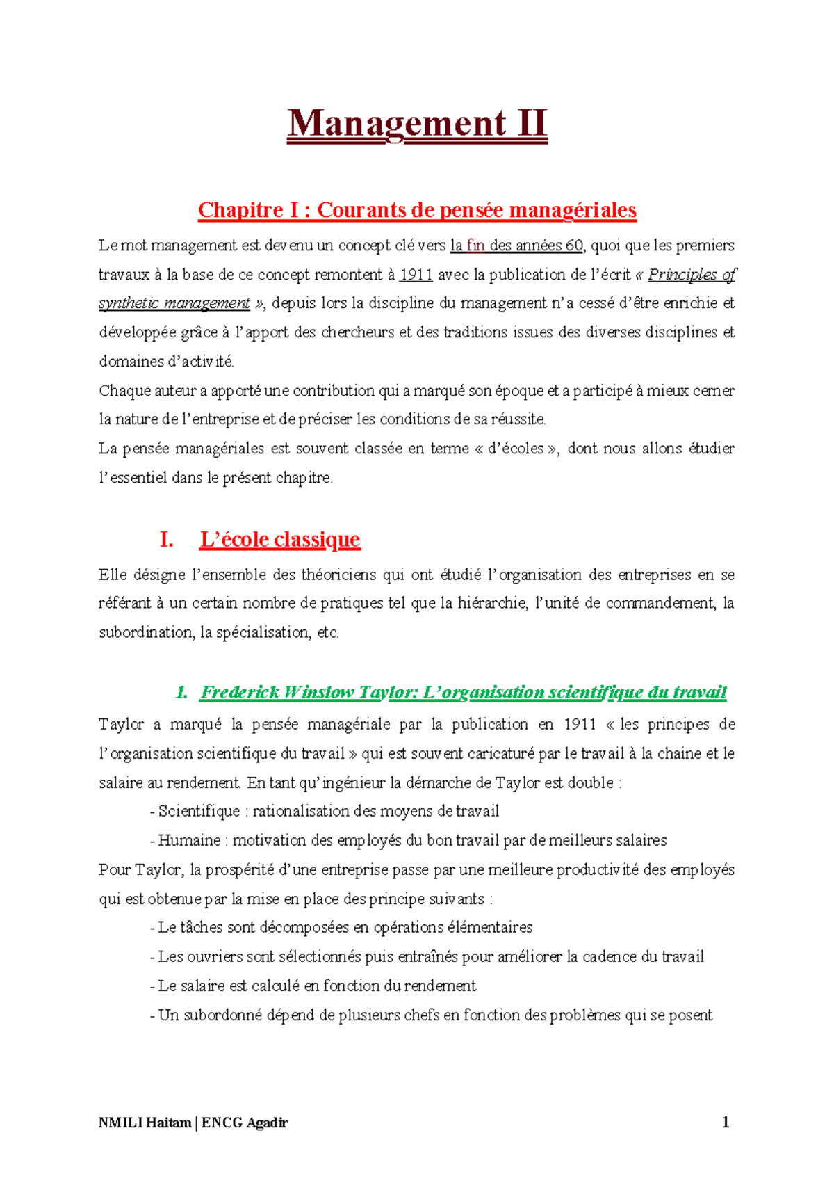 Management II S2 - Management II Chapitre I : Courants de pensée managériales Le mot management ...