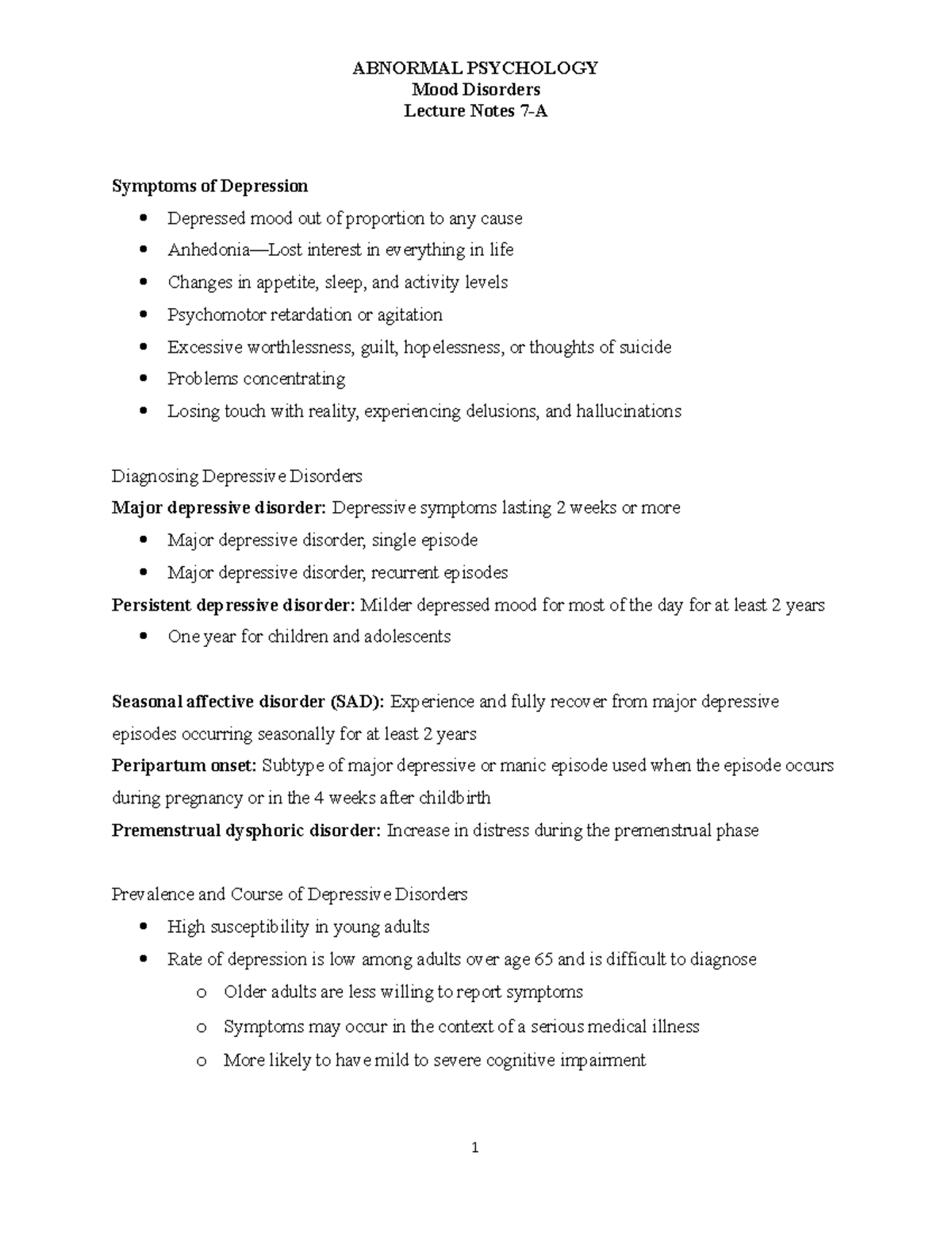 Abnormal-Psy Mood-Disorders 7A - Mood Disorders Lecture Notes 7-A ...