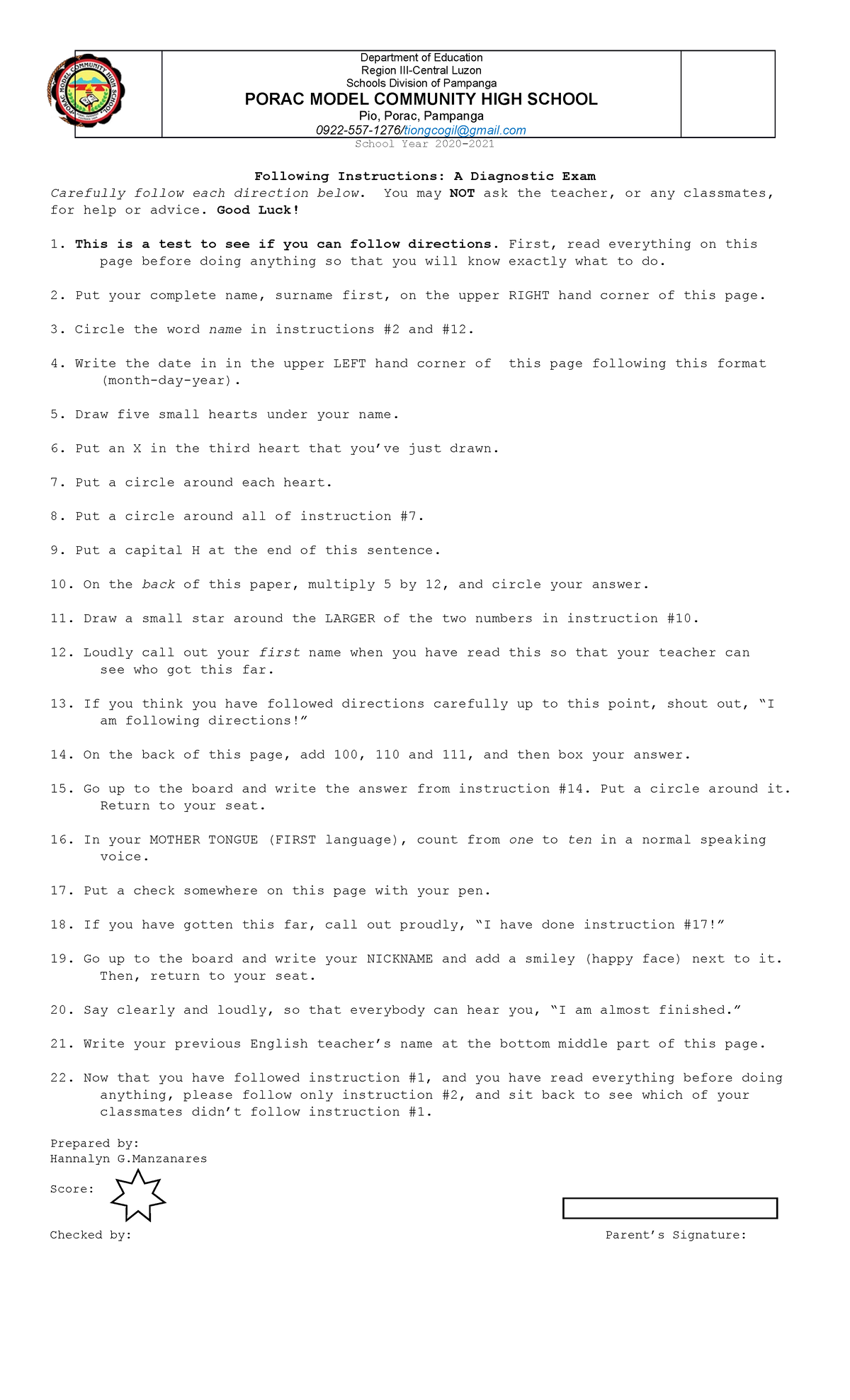 Following Instructions - School Year 2020- Following Instructions: A ...