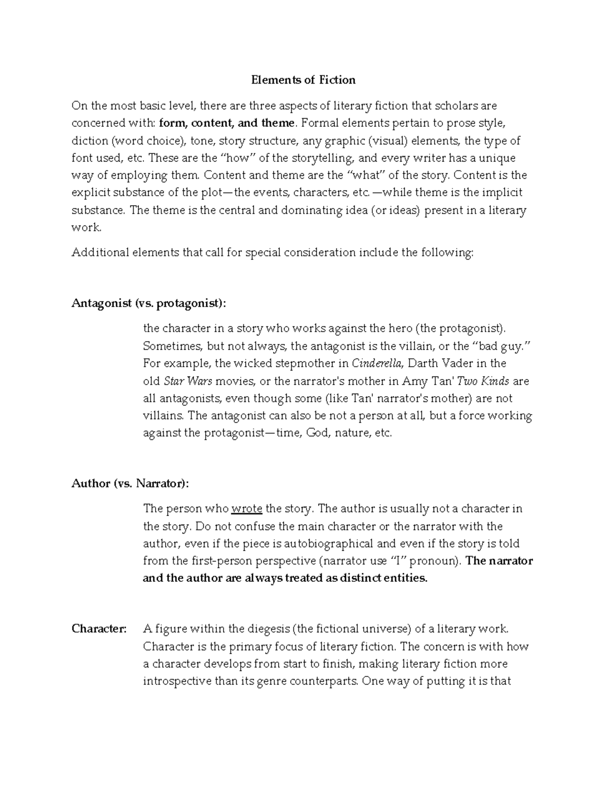 Elements of Fiction - LECTURE SUPPLEMENTAL NOTES - Elements of Fiction ...