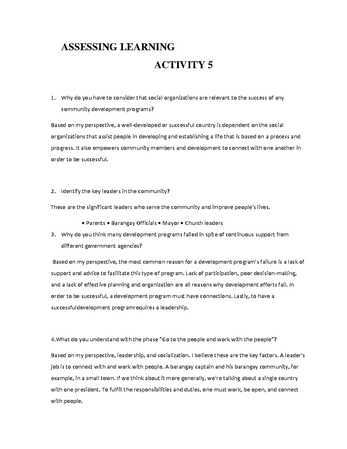 Assessing Learning Activity 5 - ASSESSING LEARNING ACTIVITY 5 Why do ...