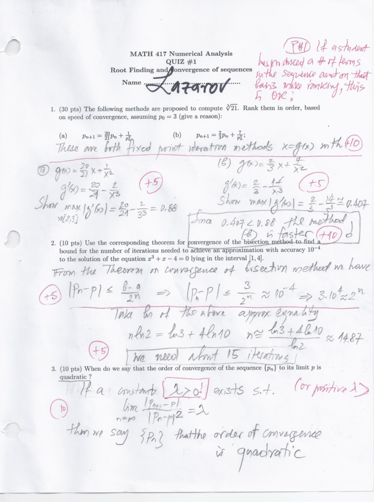 Rank Order of convergence - If astruent MATH 417 Numerical Analysis QUIZ hespin driced a terms ...