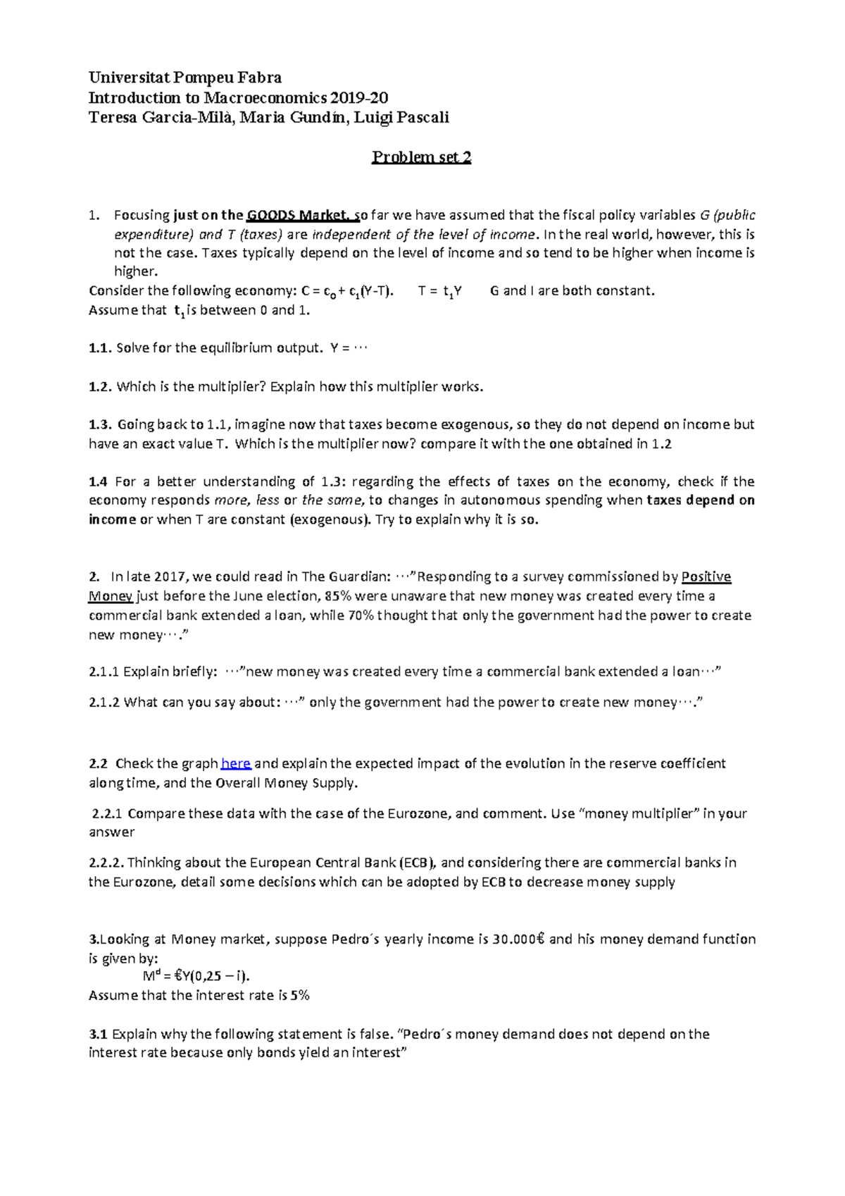 Problem Set 2 - Universitat Pompeu Fabra Introduction to Macroeconomics 2019- Teresa Garcia-Milà ...