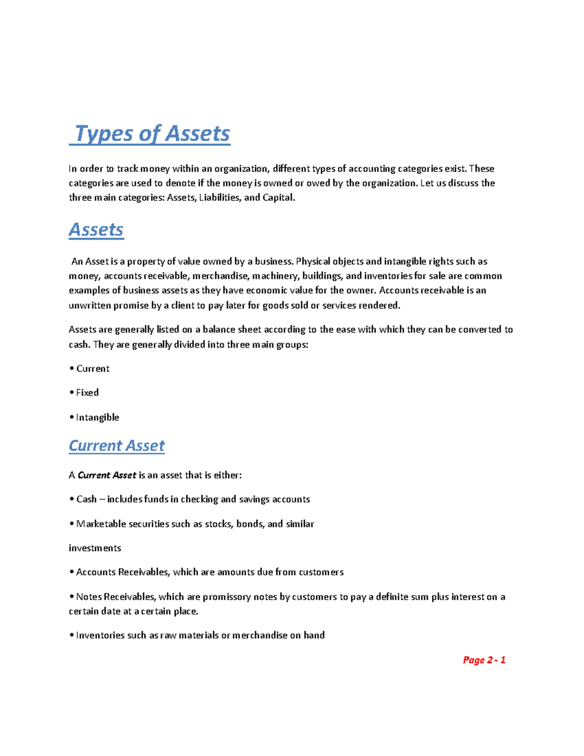 Type of Assets - Types of Assets In order to track money within an ...