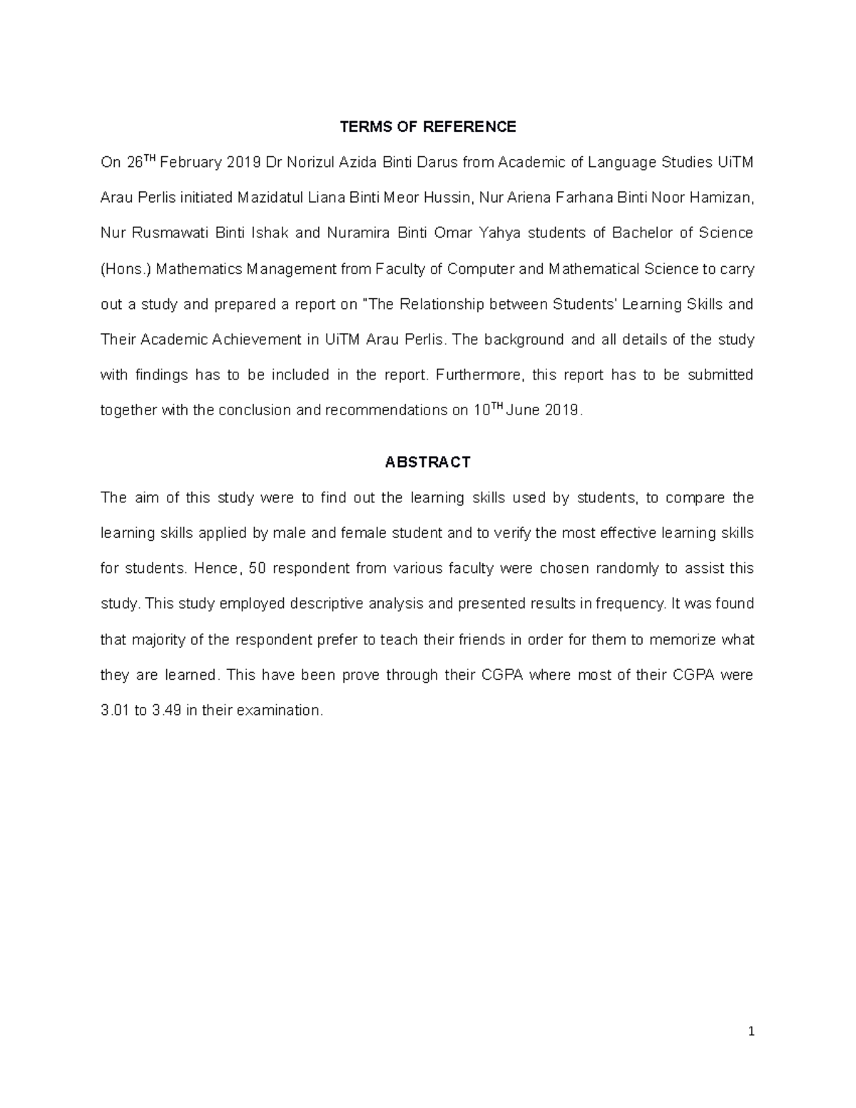 Report example EWC661 - TERMS OF REFERENCE On 26TH February 2019 Dr ...