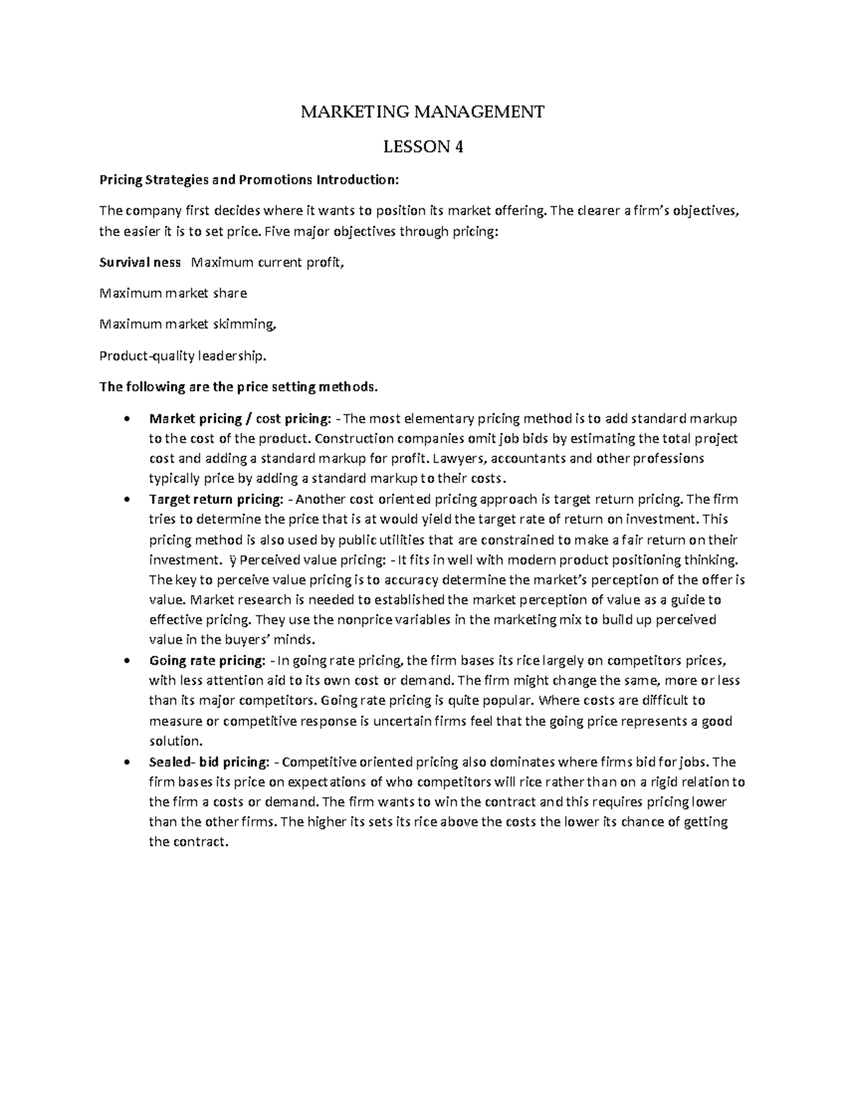 Marketing Management - Lesson 4 - MARKETING MANAGEMENT LESSON 4 Pricing ...