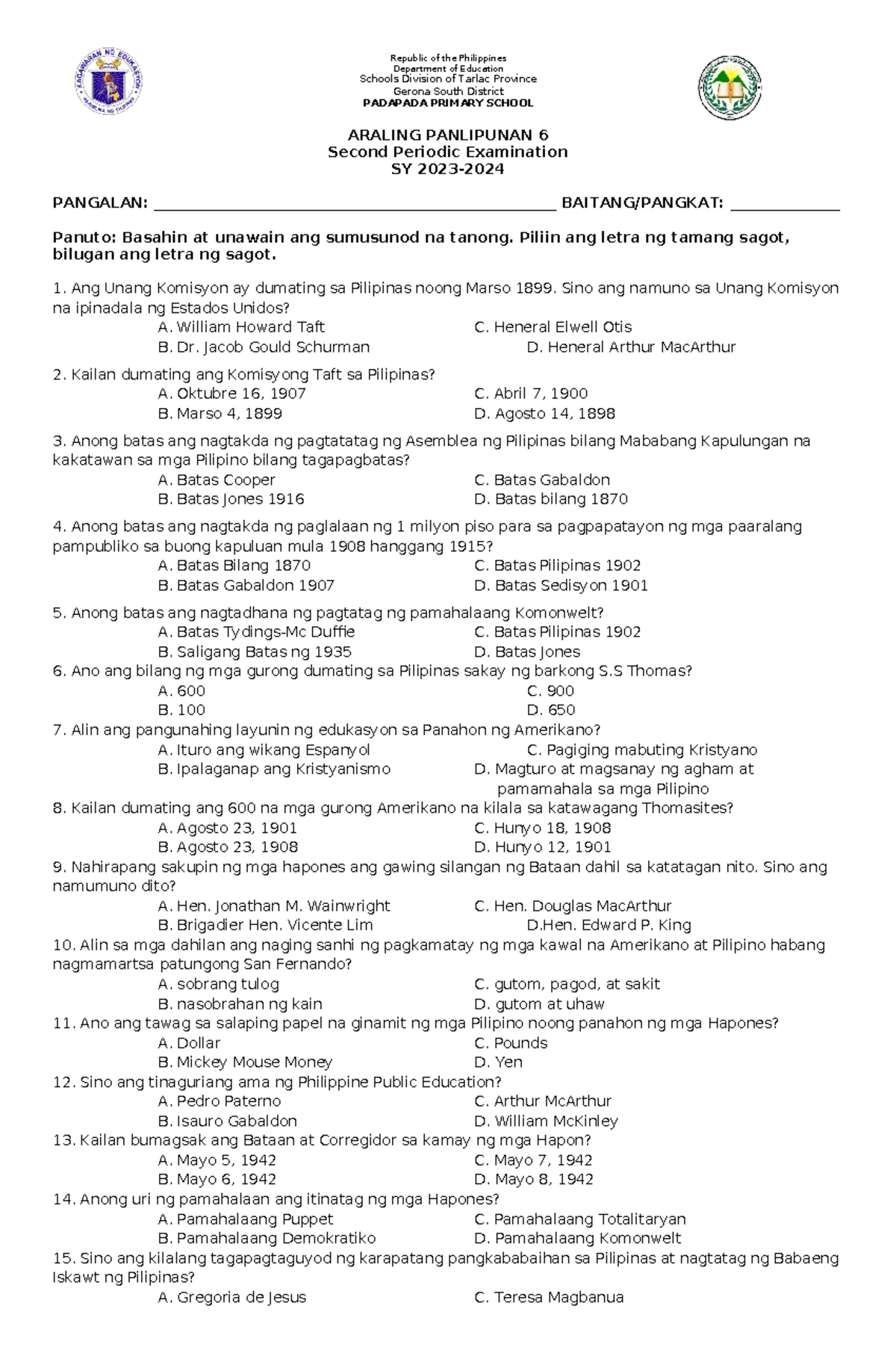 PT-AP6 - PERIODICAL TEST - Republic of the Philippines Department of ...