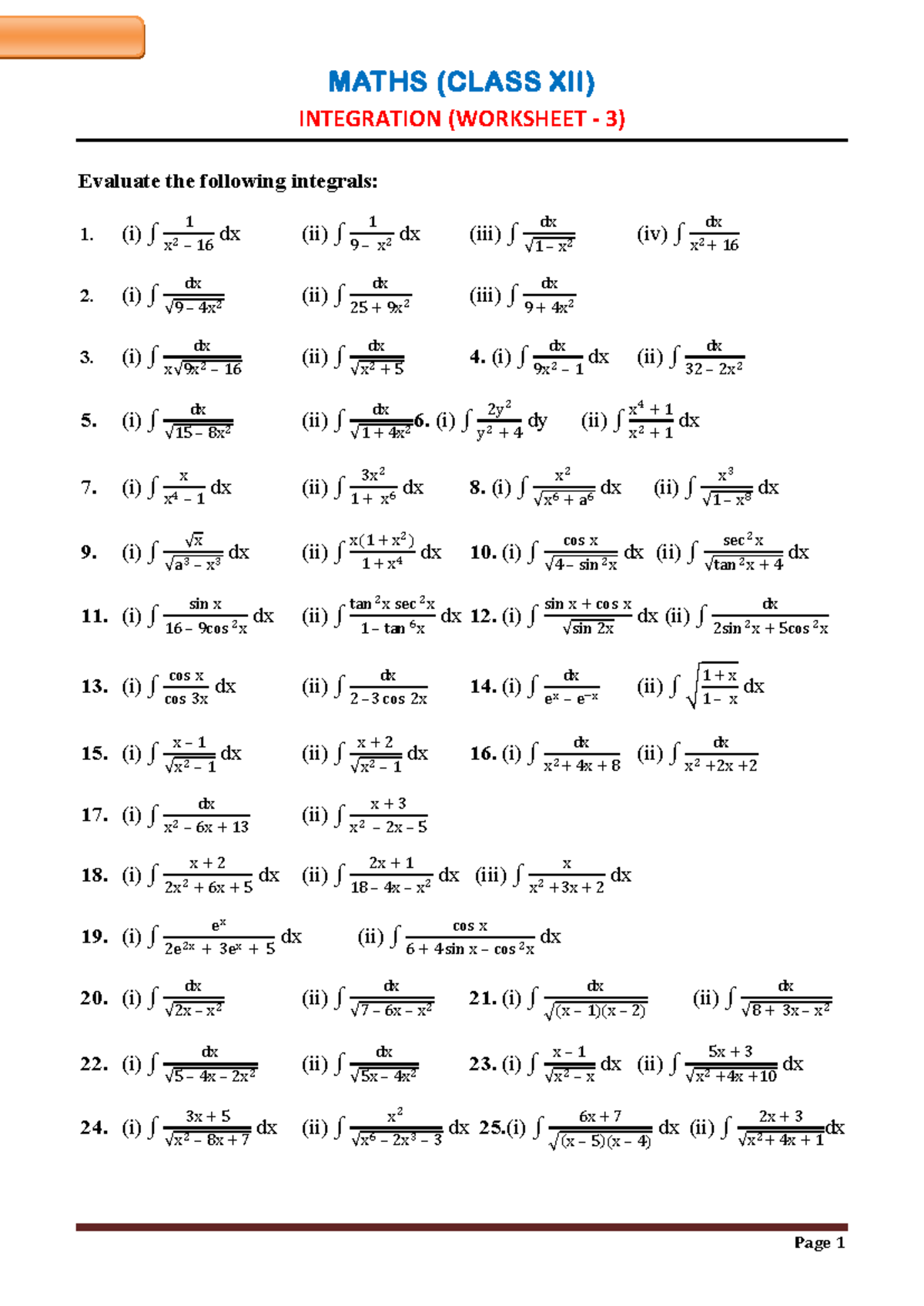 Integration Class XII Worksheet 3 - Page 1 MATHS (CLASS XII ...