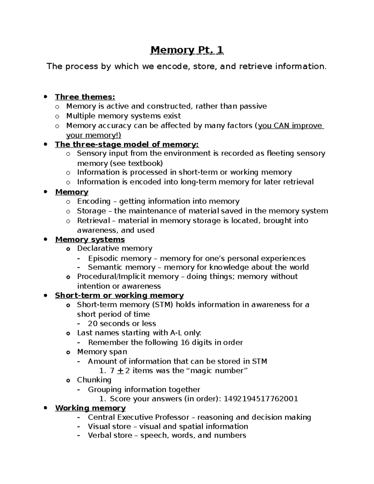 Psych slidecasts 1 ^0 2 - Memory Pt. 1 The process by which we encode ...