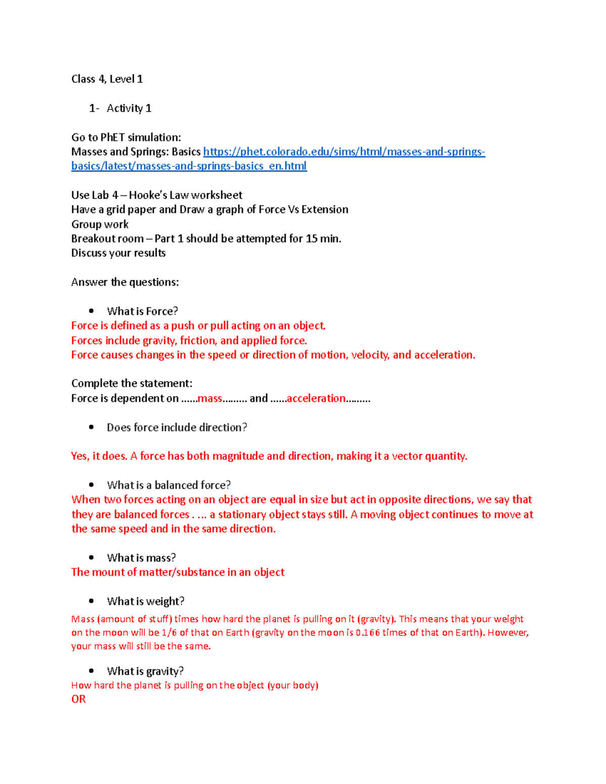 In class Google docs activity class 4 L1 Key - PHYS 100 - SFU - Studocu