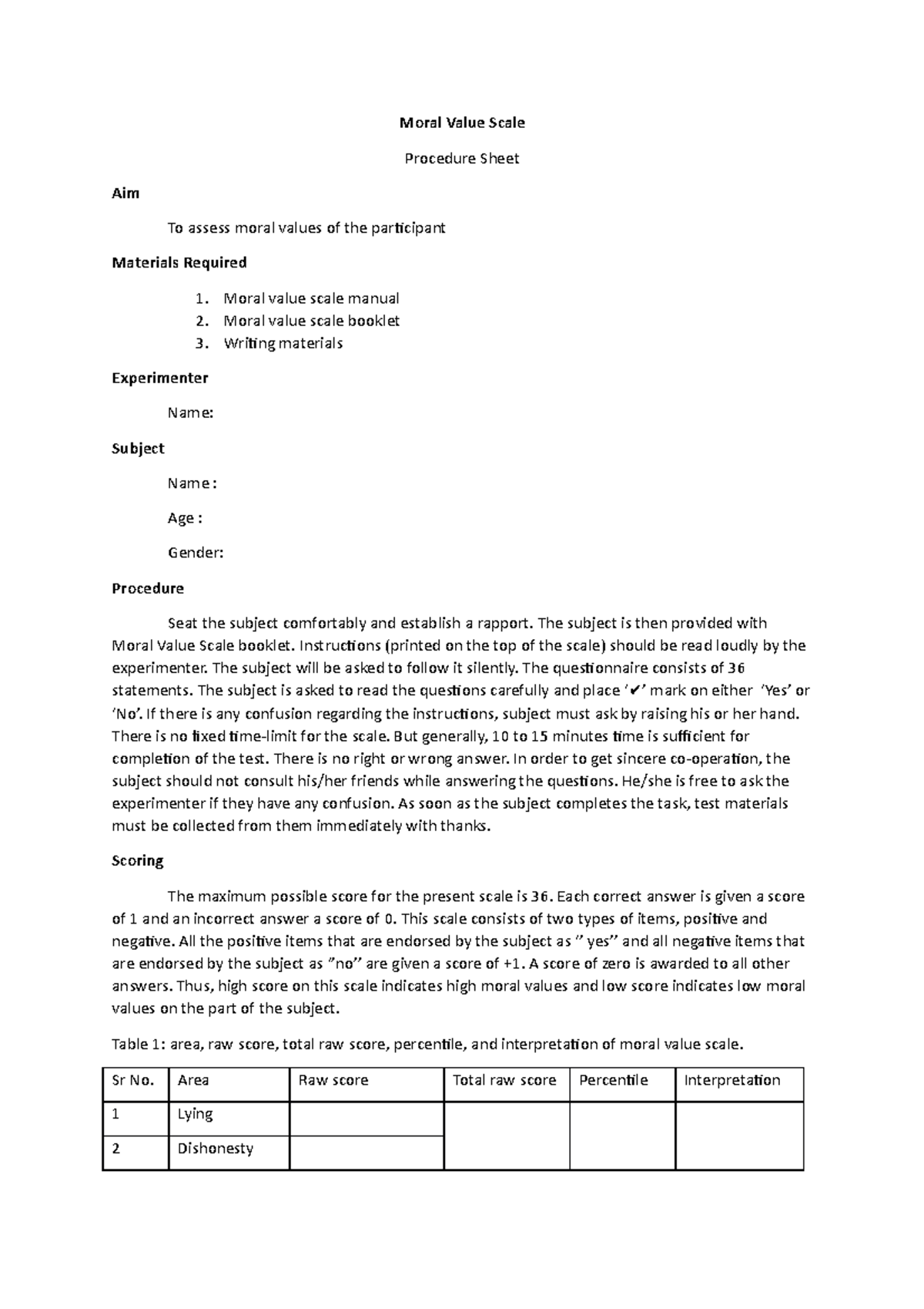 Moral Value Procedure Sheet - Psychology - MG University - Studocu