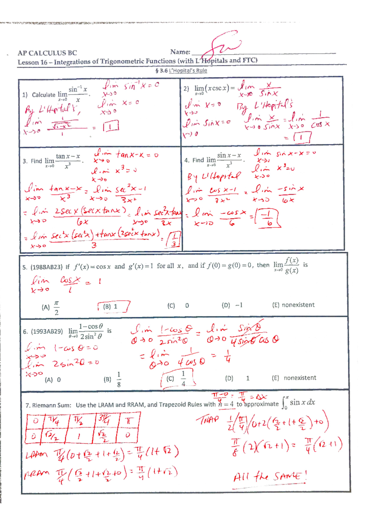 Lesson 16 Integration of Trig Functions KEY - AP CALCULUS BC Name: Sin ...