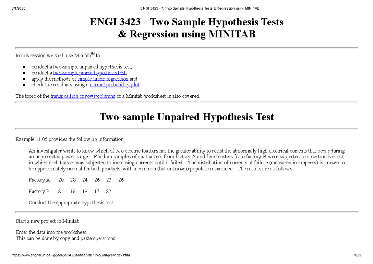 ENGI 3423 - 7 Two Sample Hypothesis Tests & Regression using Minitab ...