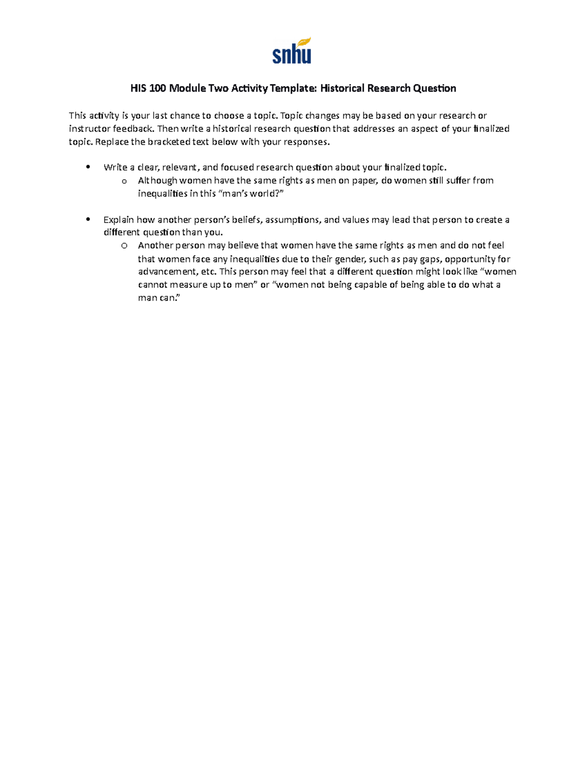 HIS 100 Module Two Activity Research Question Template - HIS 100 Module ...