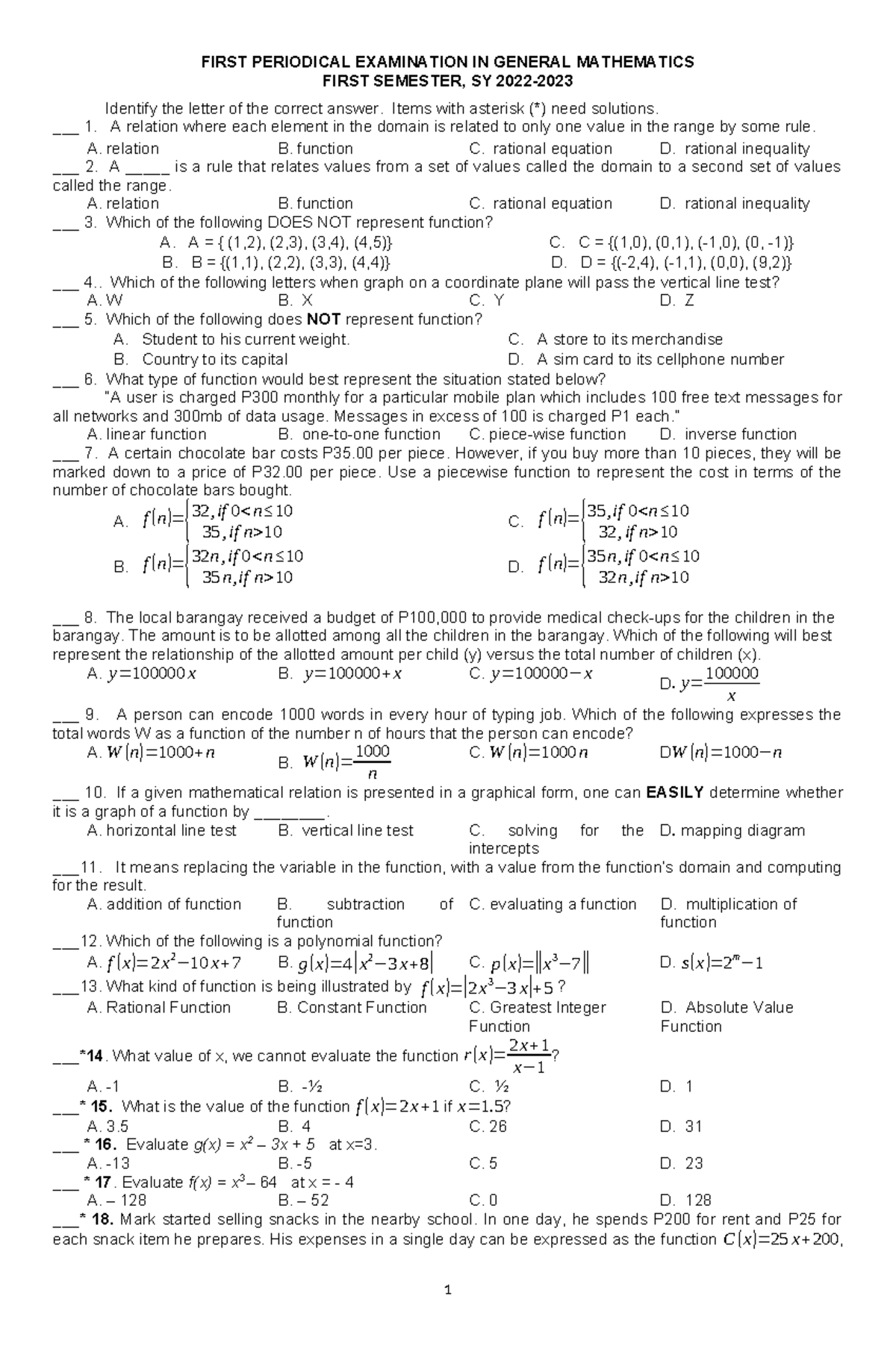 First PT Genmath SHS2022 - FIRST PERIODICAL EXAMINATION IN GENERAL ...