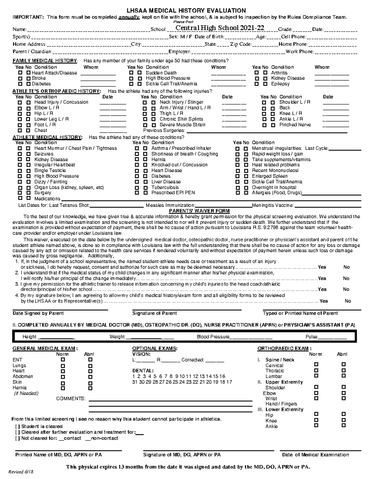 Copy of Returning Athletes Forms - LHSAA MEDICAL HISTORY EVALUATION ...