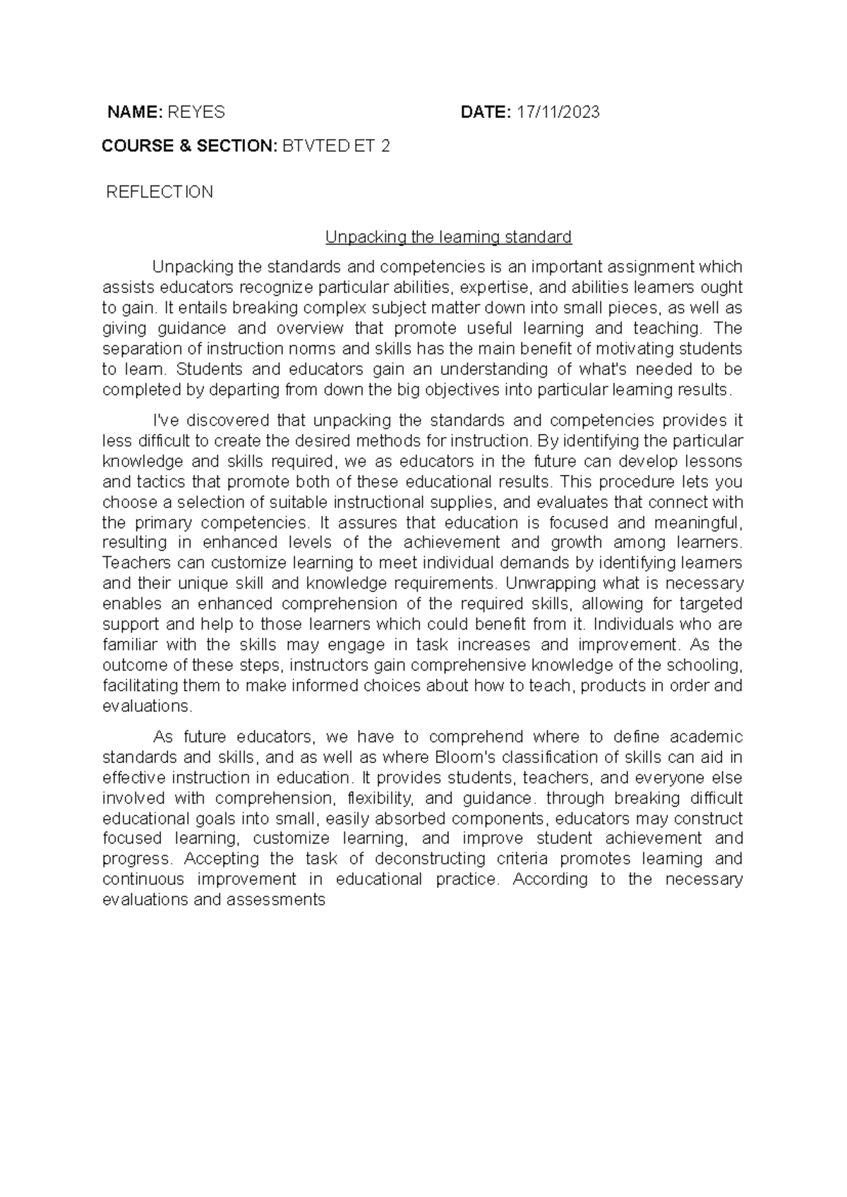 11. Unpacking the learning standard - NAME: REYES DATE: 17/11/ COURSE ...