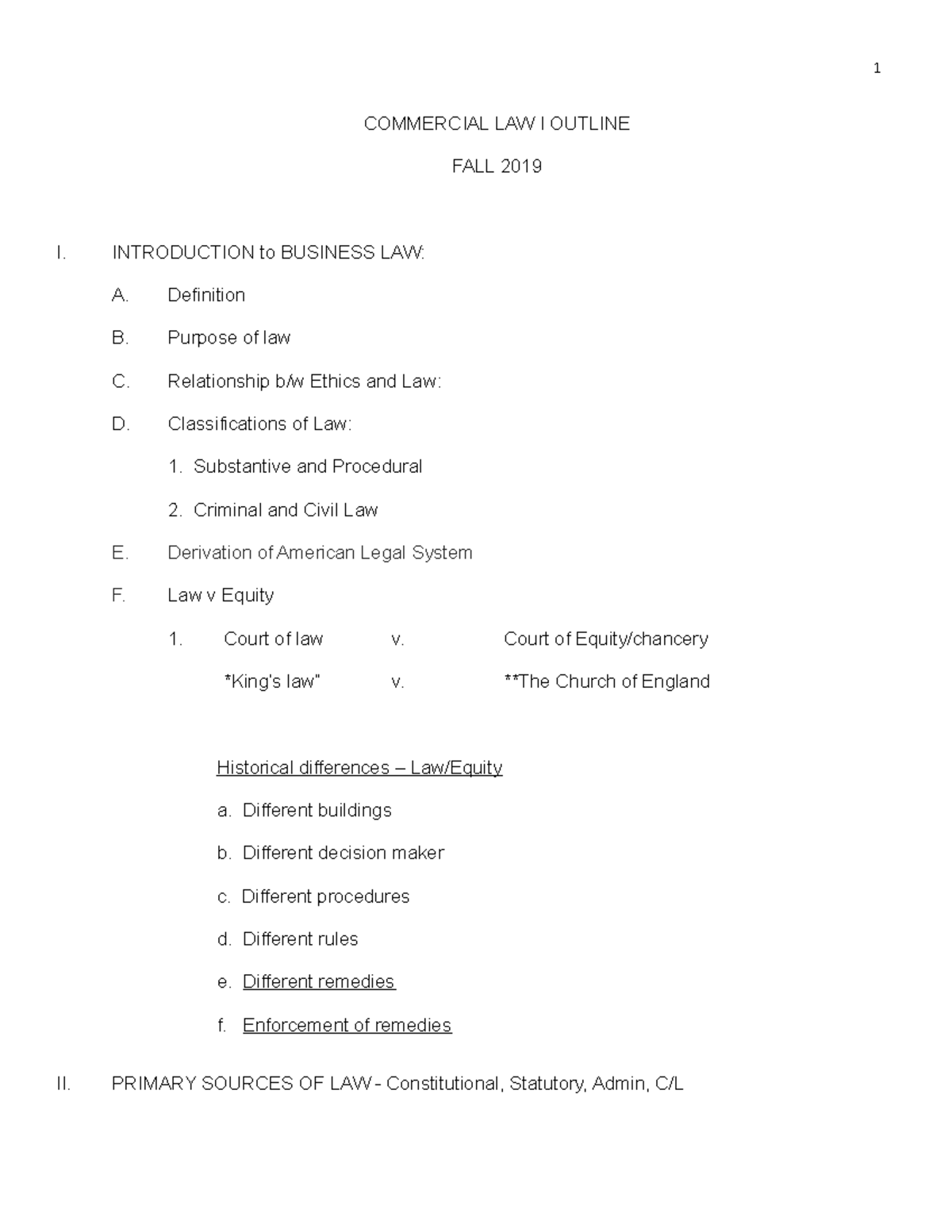 CLI Class Outline Fall 2021 - COMMERCIAL LAW I OUTLINE FALL 2019 I ...