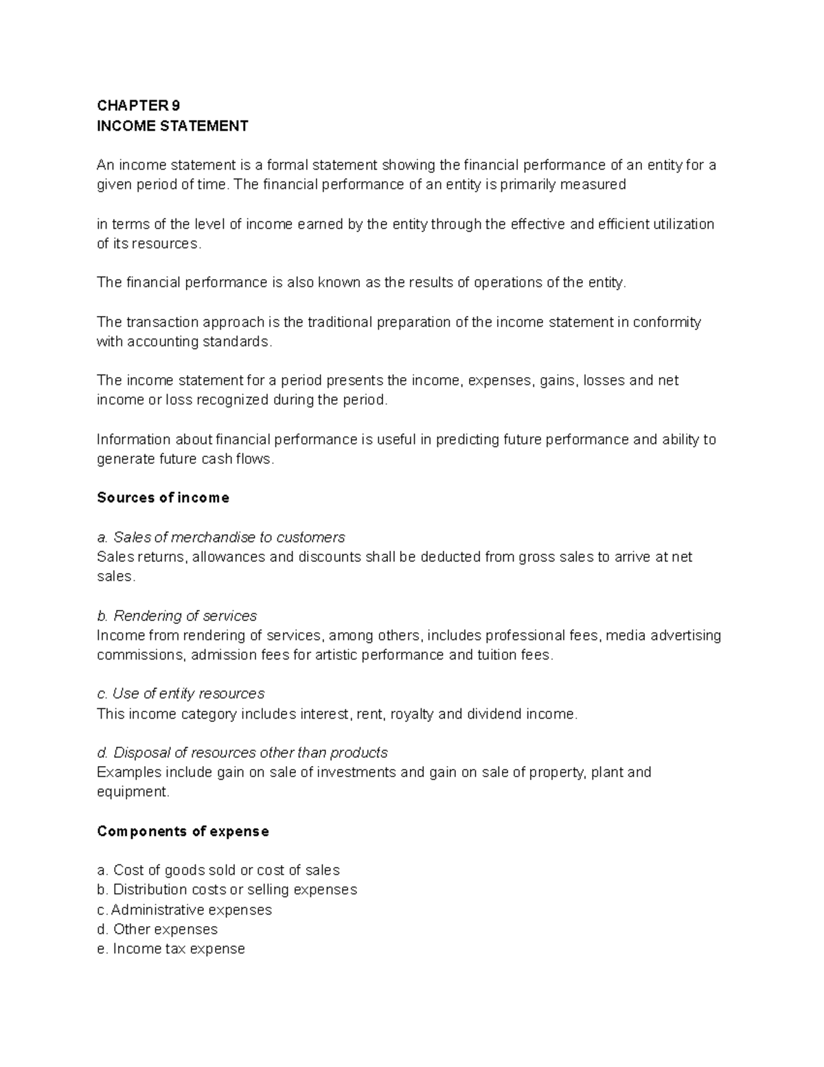 Chapter 9-10 CFAS - CFAS pdf document - CHAPTER 9 INCOME STATEMENT An income statement is a ...