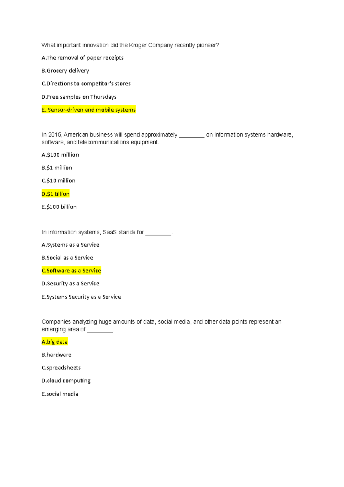 BIS Chapter 1 practice - What important innovation did the Kroger ...